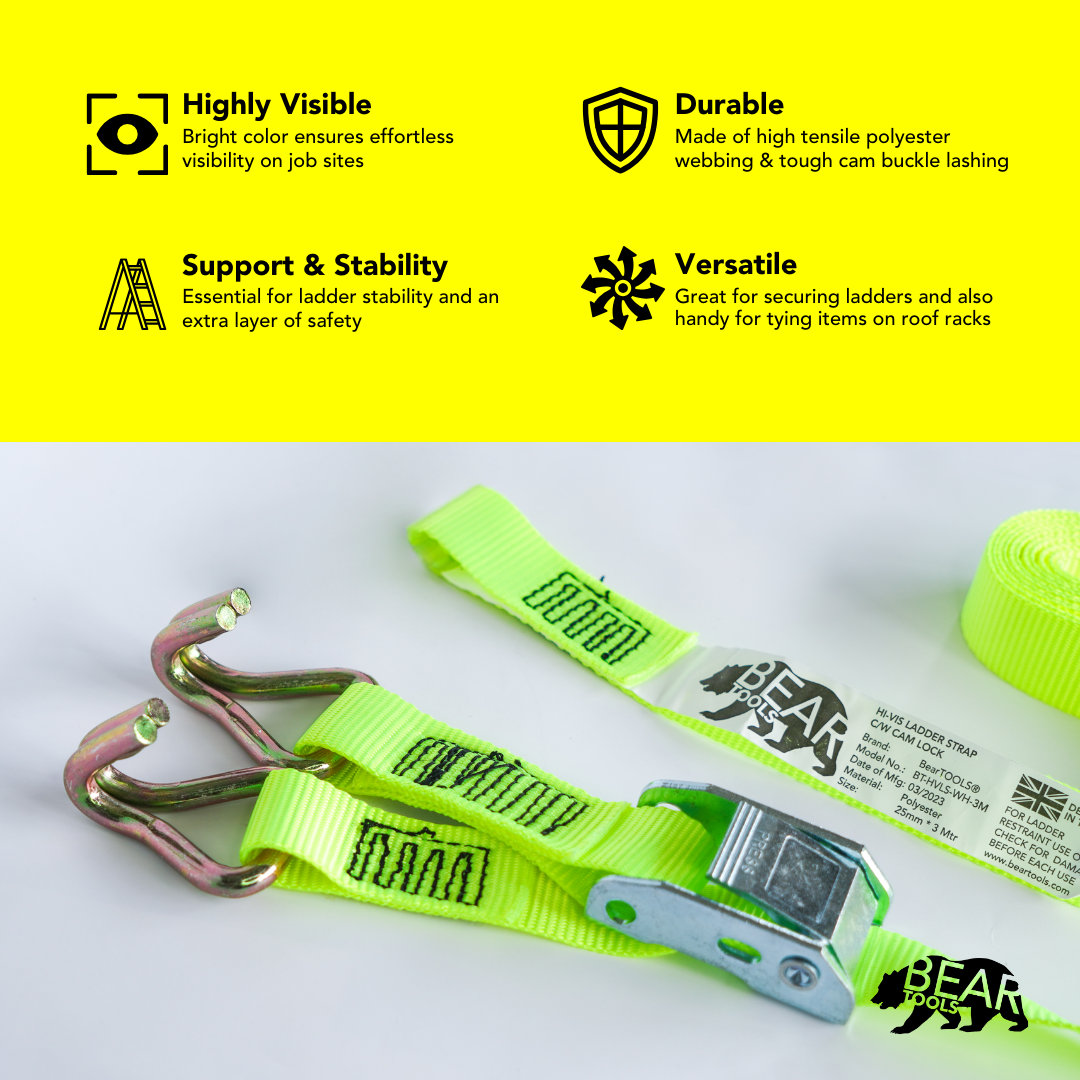 BearTOOLS 3 Meter Hi-Vis Ladder Strap C/W Cam Lock – GearbyBear